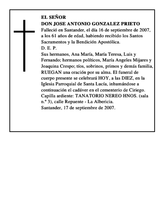 DON JOSE ANTONIO GONZALEZ PRIETO | Esquela Necrológica | El Diario Montañés