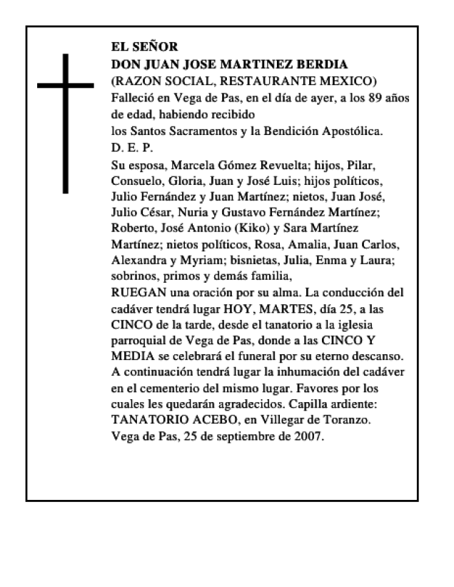 DON JUAN JOSE MARTINEZ BERDIA | Esquela Necrológica | El Diario Montañés