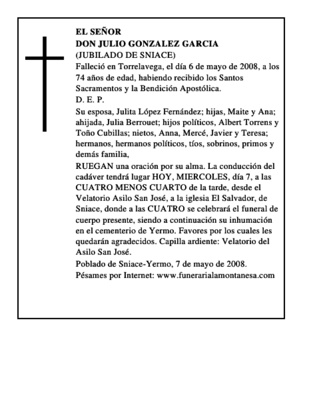 DON JULIO GONZALEZ GARCIA | Esquela Necrológica | El Diario Montañés
