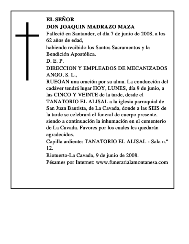 DON JOAQUIN MADRAZO MAZA | Esquela Necrológica | El Diario Montañés