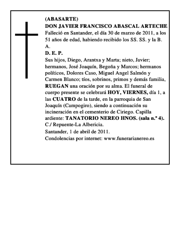 DON JAVIER FRANCISCO ABASCAL ARTECHE | Esquela Necrológica | El Diario ...