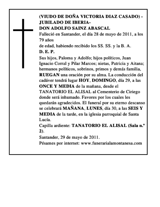 DON ADOLFO SAINZ ABASCAL | Esquela Necrológica | El Diario Montañés