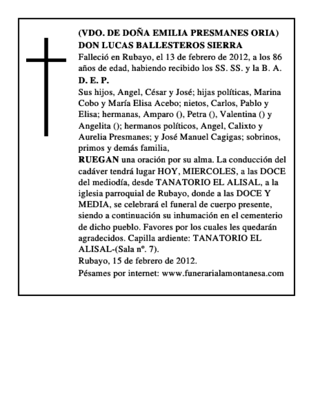 DON LUCAS BALLESTEROS SIERRA | Esquela Necrológica | El Diario Montañés