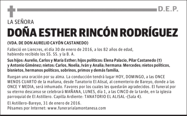 Esther Rincón Rodríguez | Esquela Necrológica | El Diario Montañés