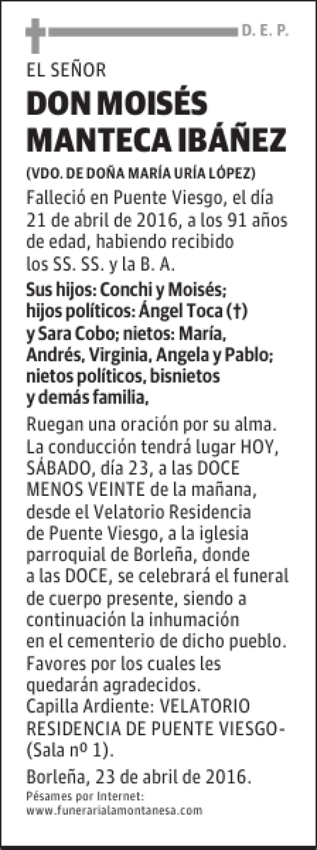 Don Moisés Manteca Ibáñez | Esquela Necrológica | El Diario Montañés