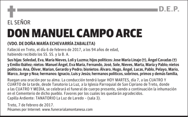DON MANUEL CAMPO ARCE | Esquela Necrológica | El Diario Montañés