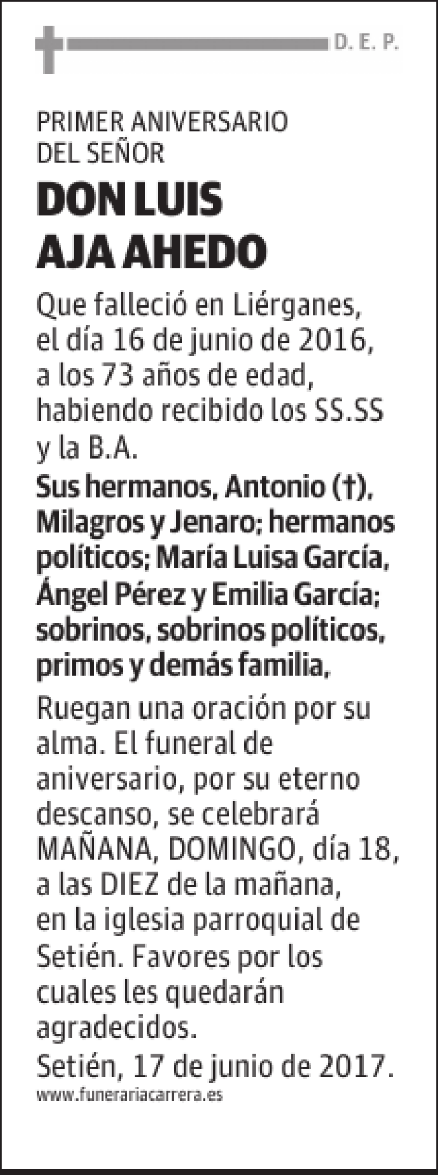 DON LUIS AJA AHEDO | Esquela Necrológica | El Diario Montañés