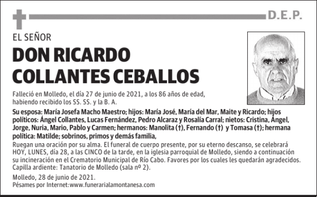 DON RICARDO COLLANTES CEBALLOS | Esquela Necrológica | El Diario Montañés