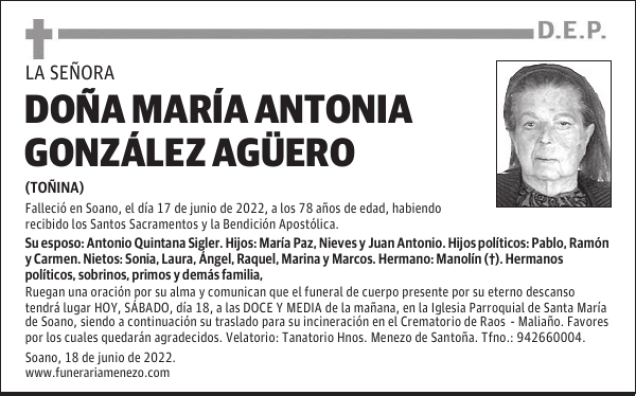 Doña María Antonia González Agüero | Esquela Necrológica | El Diario Montañés