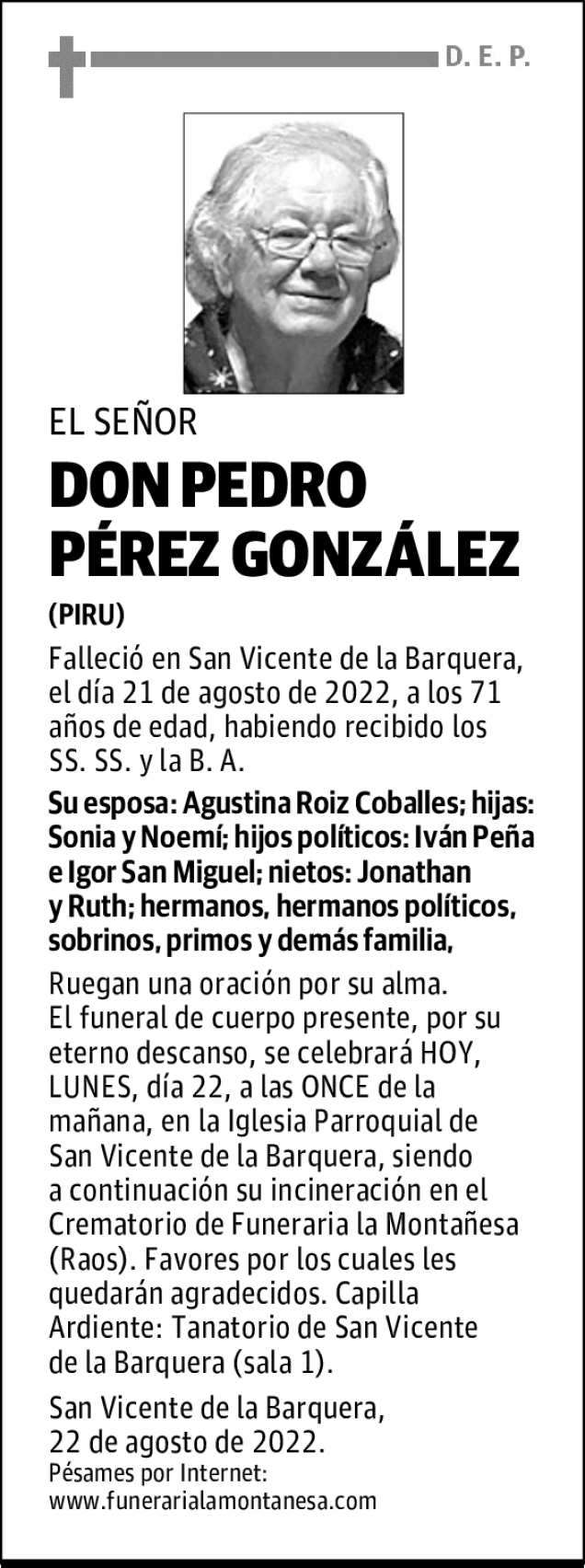 DON PEDRO PÉREZ GONZÁLEZ | Esquela Necrológica | El Diario Montañés