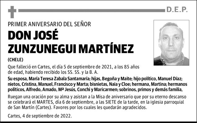 DON JOSÉ ZUNZUNEGUI MARTÍNEZ | Esquela Necrológica | El Diario Montañés