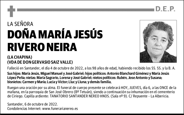 DOÑA MARÍA JESÚS RIVERO NEIRA | Esquela Necrológica | El Diario Montañés