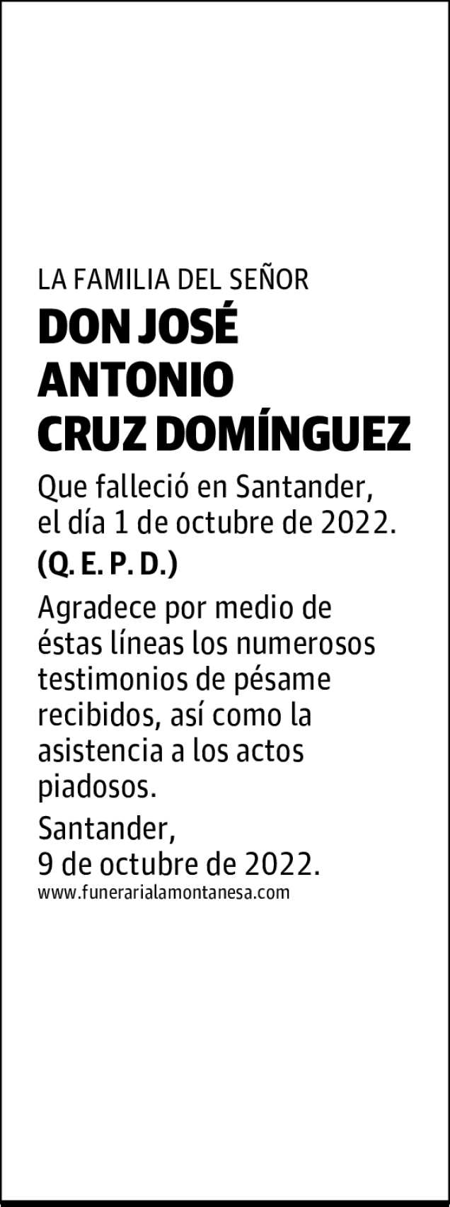 DON JOSÉ ANTONIO CRUZ DOMÍNGUEZ | Esquela de Agradecimiento | El Diario Montañés