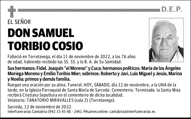 DON SAMUEL TORIBIO COSIO | Esquela Necrológica | El Diario Montañés