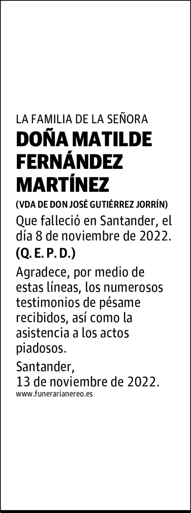 DOÑA MATILDE FERNÁNDEZ MARTÍNEZ | Esquela de Agradecimiento | El Diario ...