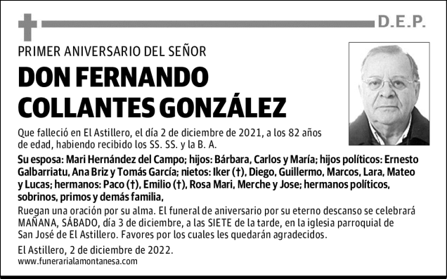 DON FERNANDO COLLANTES GONZÁLEZ | Esquela Necrológica | El Diario Montañés