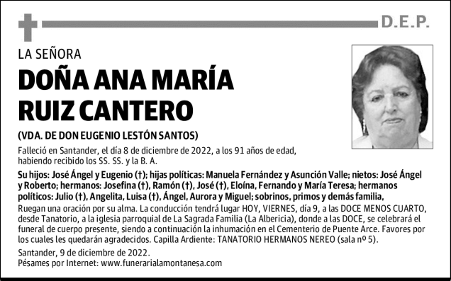 DOÑA ANA MARÍA RUIZ CANTERO | Esquela Necrológica | El Diario Montañés