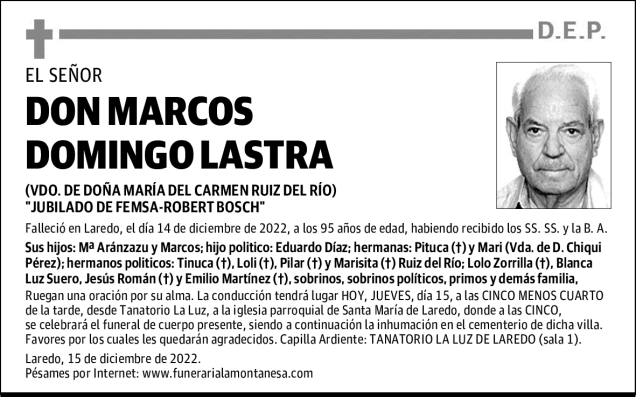 DON MARCOS DOMINGO LASTRA | Esquela Necrológica | El Diario Montañés