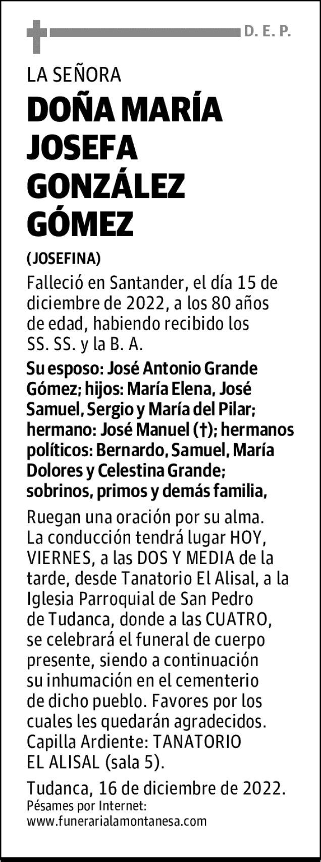 DOÑA MARÍA JOSEFA GONZÁLEZ GÓMEZ | Esquela Necrológica | El Diario Montañés
