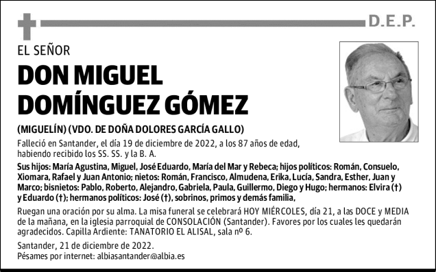 DON MIGUEL DOMÍNGUEZ GÓMEZ | Esquela Necrológica | El Diario Montañés