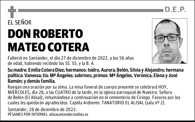 DON ROBERTO MATEO COTERA | Esquela Necrológica | El Diario Montañés