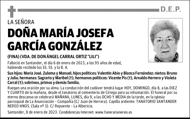 DOÑA MARÍA JOSEFA GARCÍA GONZÁLEZ | Esquela Necrológica | El Diario Montañés