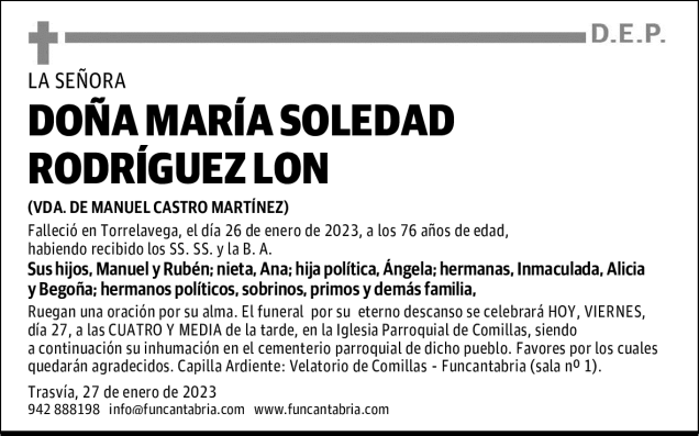DOÑA MARÍA SOLEDAD RODRÍGUEZ LON | Esquela Necrológica | El Diario Montañés