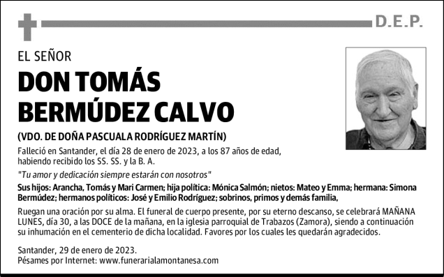 DON TOMÁS BERMÚDEZ CALVO | Esquela Necrológica | El Diario Montañés
