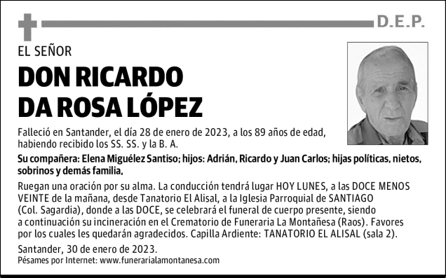 DON RICARDO DA ROSA LÓPEZ | Esquela Necrológica | El Diario Montañés