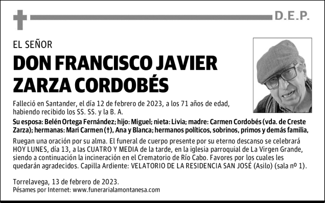 DON FRANCISCO JAVIER ZARZA CORDOBÉS | Esquela Necrológica | El Diario ... DON FRANCISCO JAVIER ZARZA CORDOBÉS | Esquela Necrológica | El Diario ...