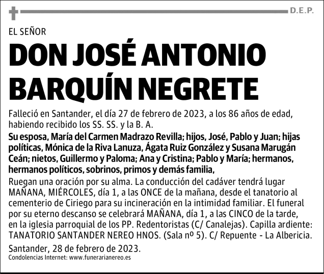 DON JOSÉ ANTONIO BARQUÍN NEGRETE | Esquela Necrológica | El Diario Montañés