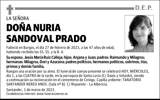 DOÑA NURIA SANDOVAL PRADO | Esquela Necrológica | El Diario Montañés