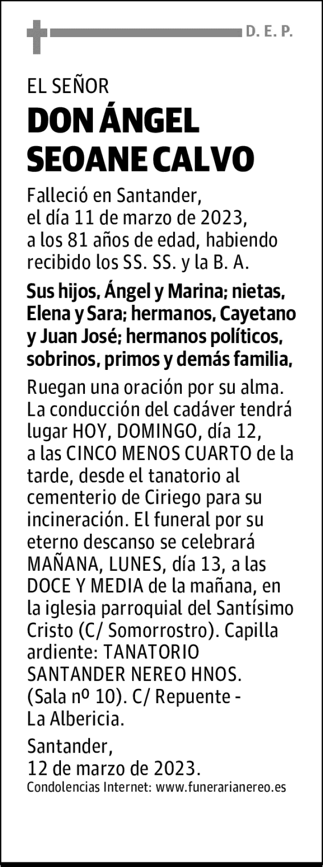 DON ÁNGEL SEOANE CALVO | Esquela Necrológica | El Diario Montañés