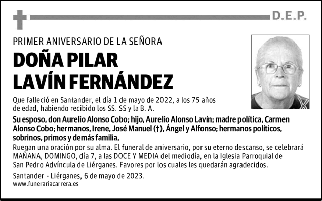 DOÑA PILAR LAVÍN FERNÁNDEZ | Esquela Necrológica | El Diario Montañés
