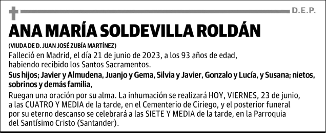 ANA MARÍA SOLDEVILLA ROLDÁN | Esquela Necrológica | El Diario Montañés