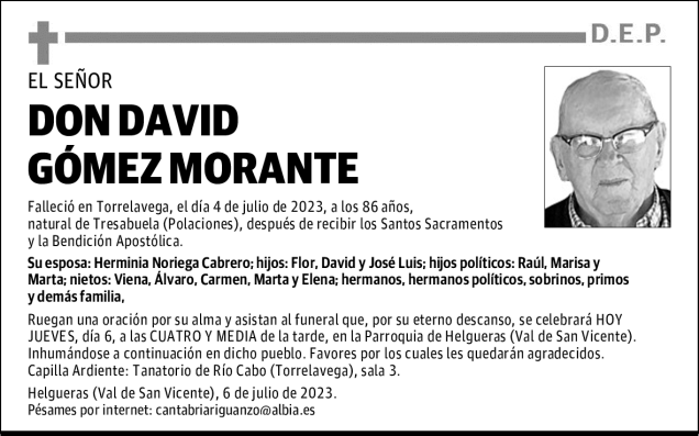 DON DAVID GÓMEZ MORANTE | Esquela Necrológica | El Diario Montañés