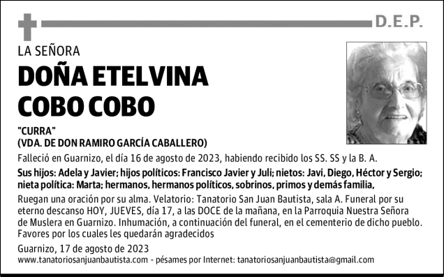 DOÑA ETELVINA COBO COBO | Esquela Necrológica | El Diario Montañés