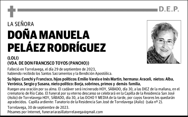 DOÑA MANUELA PELÁEZ RODRÍGUEZ | Esquela Necrológica | El Diario Montañés
