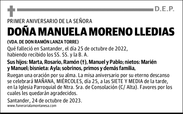 DOÑA MANUELA MORENO LLEDIAS | Esquela Necrológica | El Diario Montañés