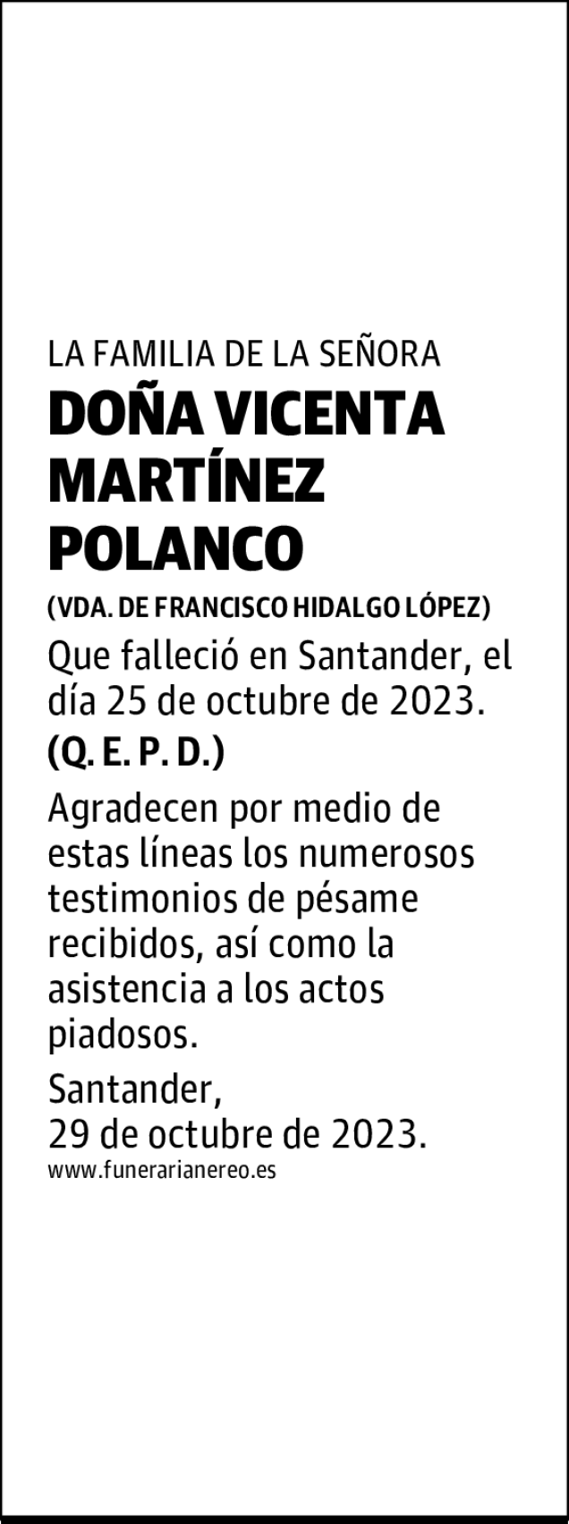 DOÑA VICENTA MARTÍNEZ POLANCO | Esquela de Agradecimiento | El Diario ...