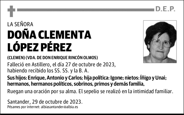 DOÑA CLEMENTA LÓPEZ PÉREZ | Esquela Necrológica | El Diario Montañés