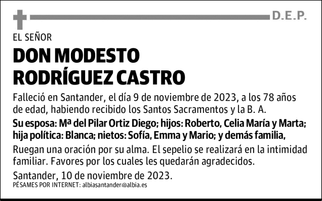 DON MODESTO RODRÍGUEZ CASTRO | Esquela Necrológica | El Diario Montañés