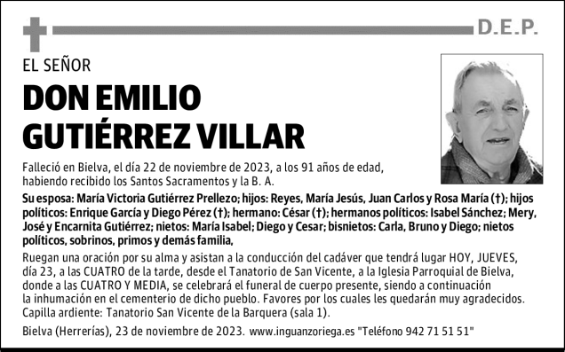 DON EMILIO GUTIÉRREZ VILLAR | Esquela Necrológica | El Diario Montañés