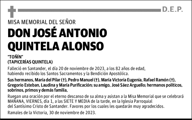 DON JOSÉ ANTONIO QUINTELA ALONSO | Esquela Necrológica | El Diario Montañés