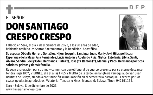 DON SANTIAGO CRESPO CRESPO | Esquela Necrológica | El Diario Montañés