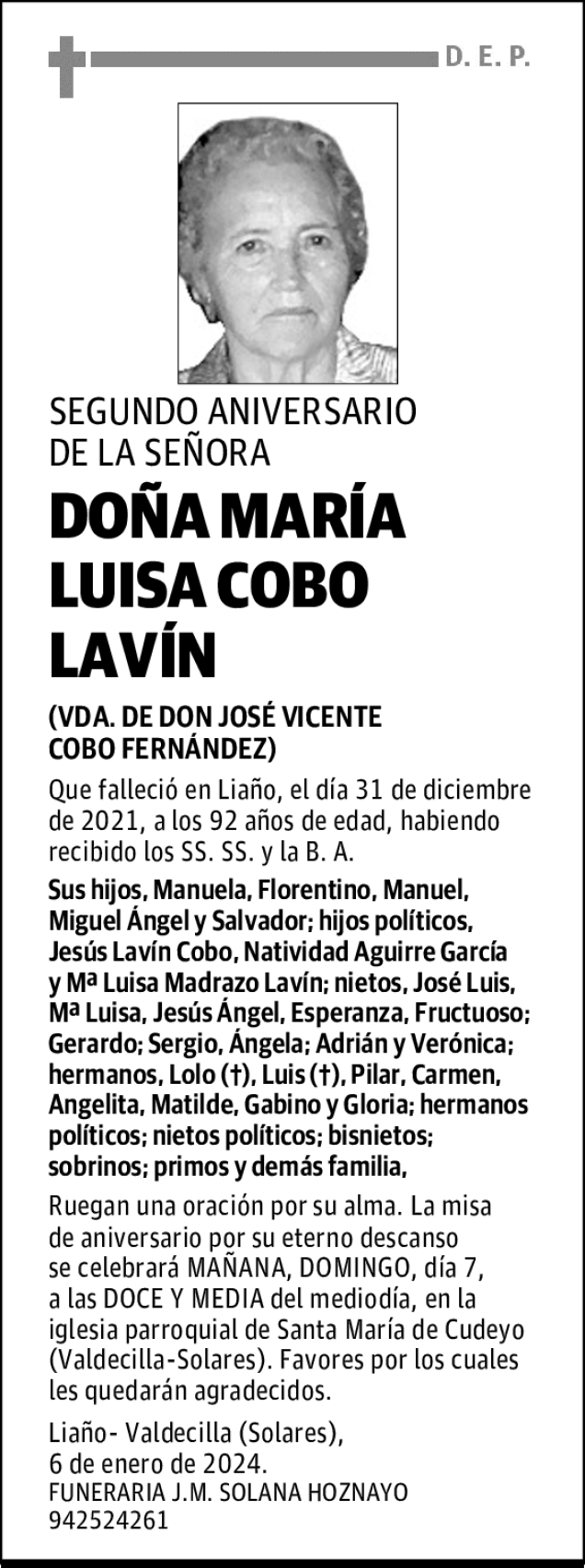 DOÑA MARÍA LUISA COBO LAVÍN | Esquela Necrológica | El Diario Montañés