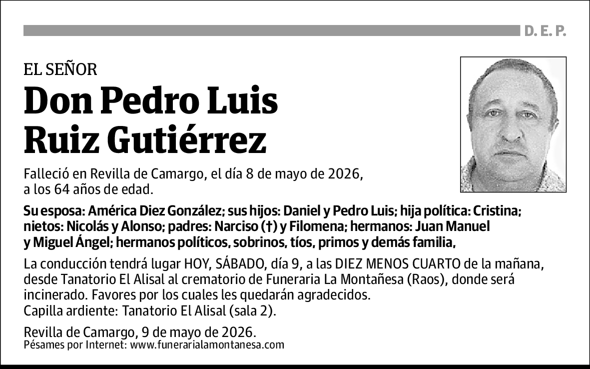 Pedro Luis Ruiz Gutiérrez | Esquela | El Diario Montañés