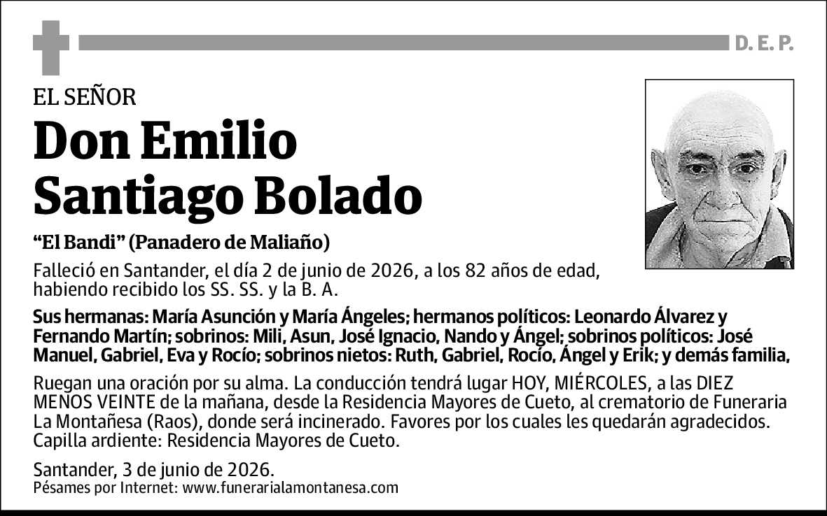 Emilio Santiago Bolado | Esquela | El Diario Montañés