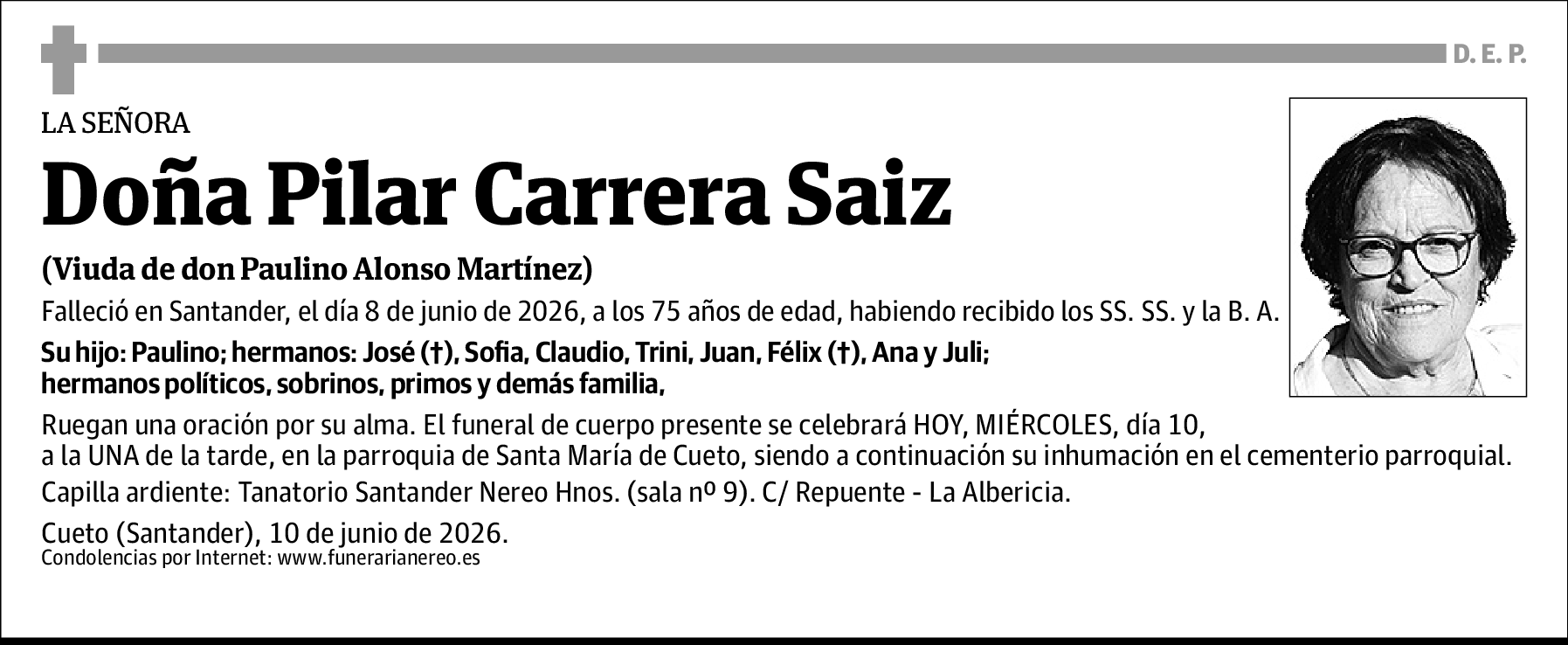 Pilar Carrera Saiz | Esquela | El Diario Montañés