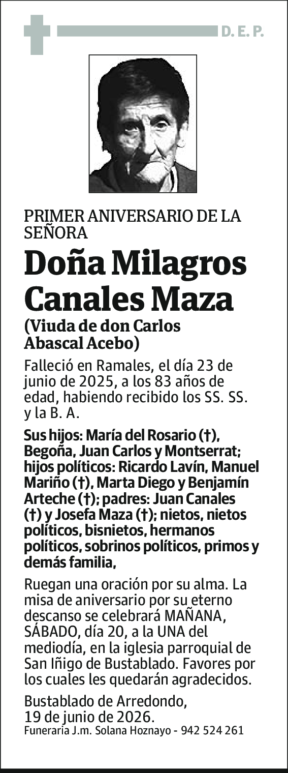 Milagros Canales Maza | Esquela | El Diario Montañés